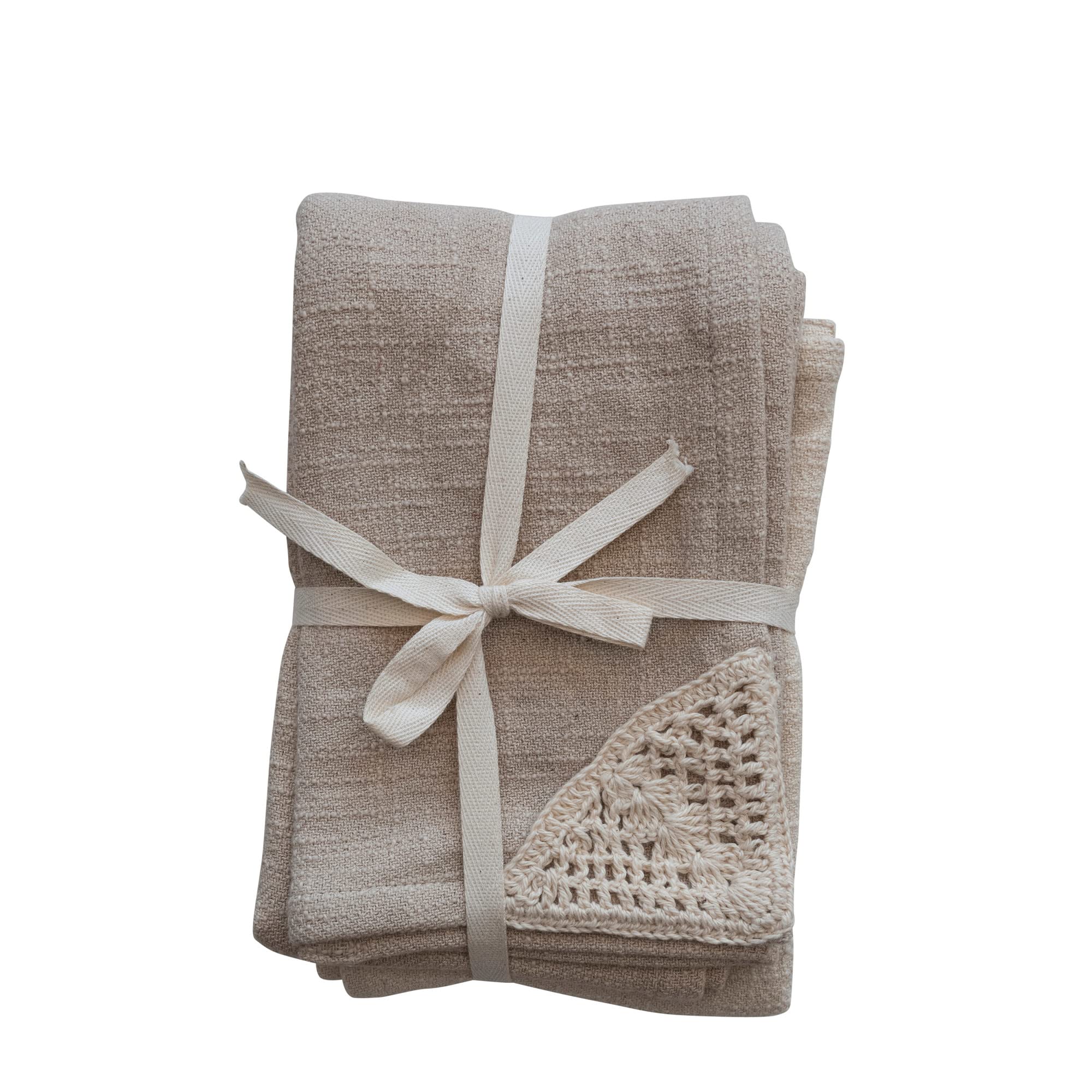 Creative Co-Op Cotton Woven Macramé Corners, Natural and Beige, Set of 2 Tea Towel, Tan