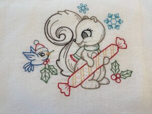 christmas embroidered flour sack tea towel, christmas bunny, vintage pattern, 1 in set of 7 designs, machine embroidery