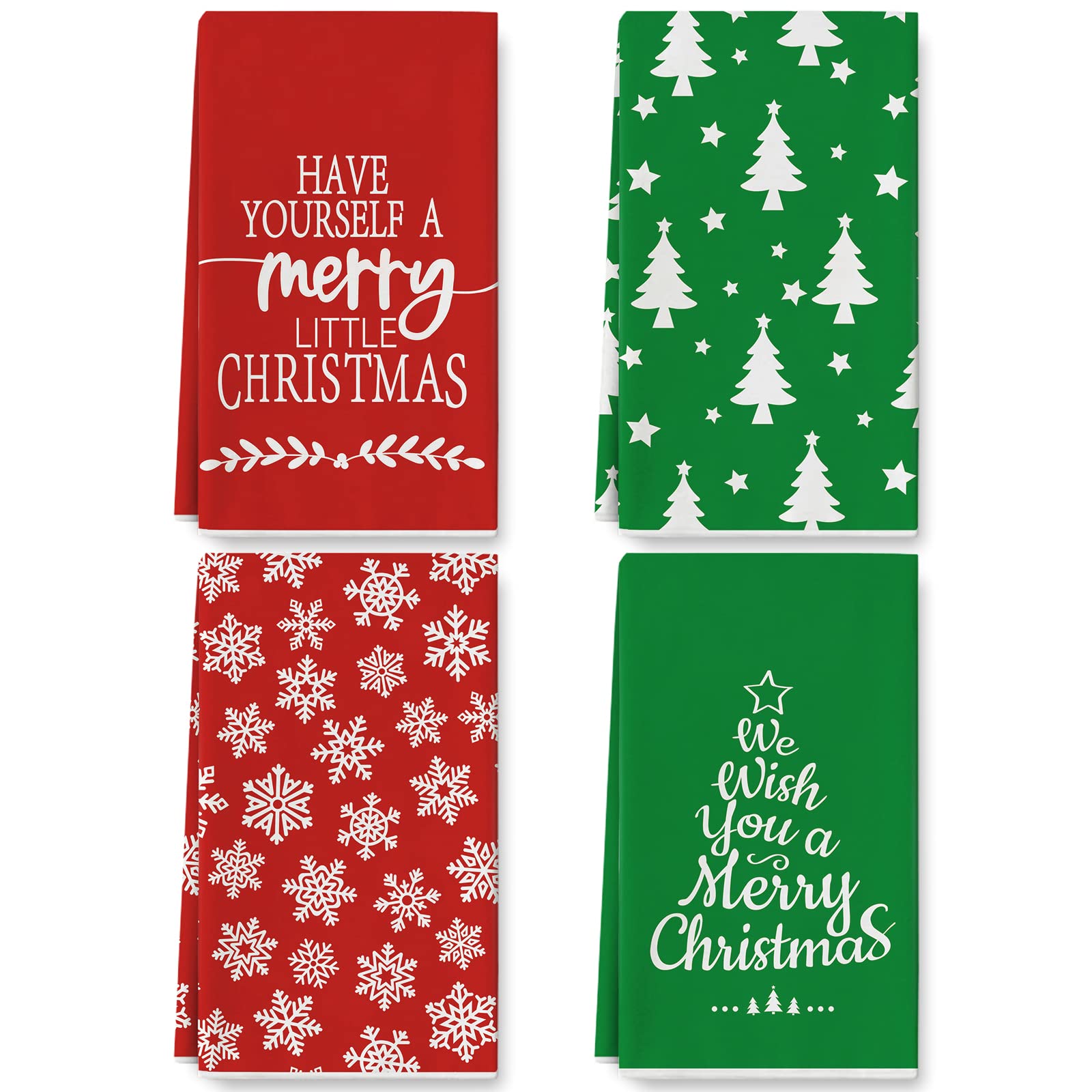 AnyDesign 4 Pack Christmas Kitchen Towels Christmas Tree Snowflake Pattern Dishcloth Red Green Xmas Hand Drying Towels for Christmas Home Kitchen Bathroom Decoration Housewarming Gifts, 18 x 28