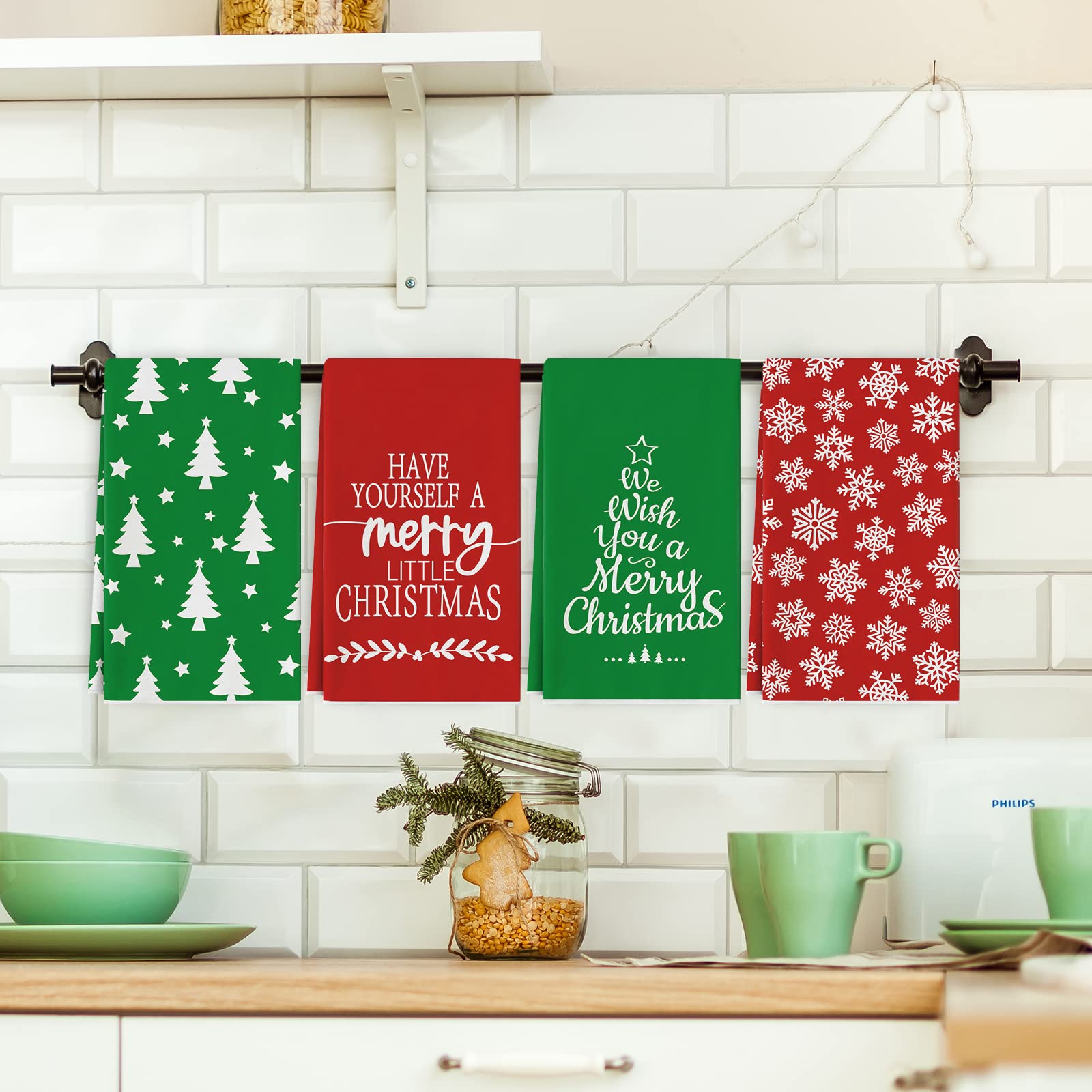 AnyDesign 4 Pack Christmas Kitchen Towels Christmas Tree Snowflake Pattern Dishcloth Red Green Xmas Hand Drying Towels for Christmas Home Kitchen Bathroom Decoration Housewarming Gifts, 18 x 28