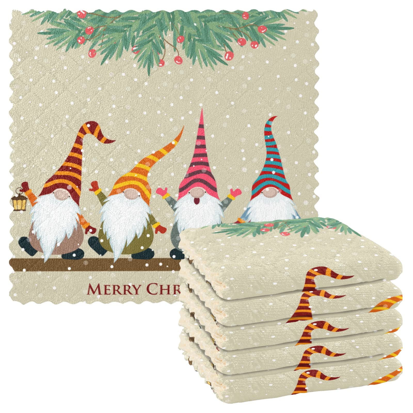 VIGTRO 6 Pack Super Absorbent Kitchen Towels,Happy Gnomes Premium Dish Cloths Towels, Merry Christmas Washable Fast Drying Dish Rags Reusable Cleaning Cloth 11x11