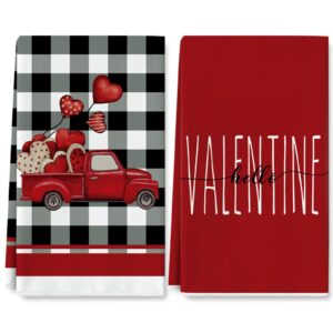 anydesign valentine's day kitchen towel 18 x 28 love truck hearts dish towel buffalo plaid hand drying towel red tea towel for wedding anniversary cooking baking, set of 2