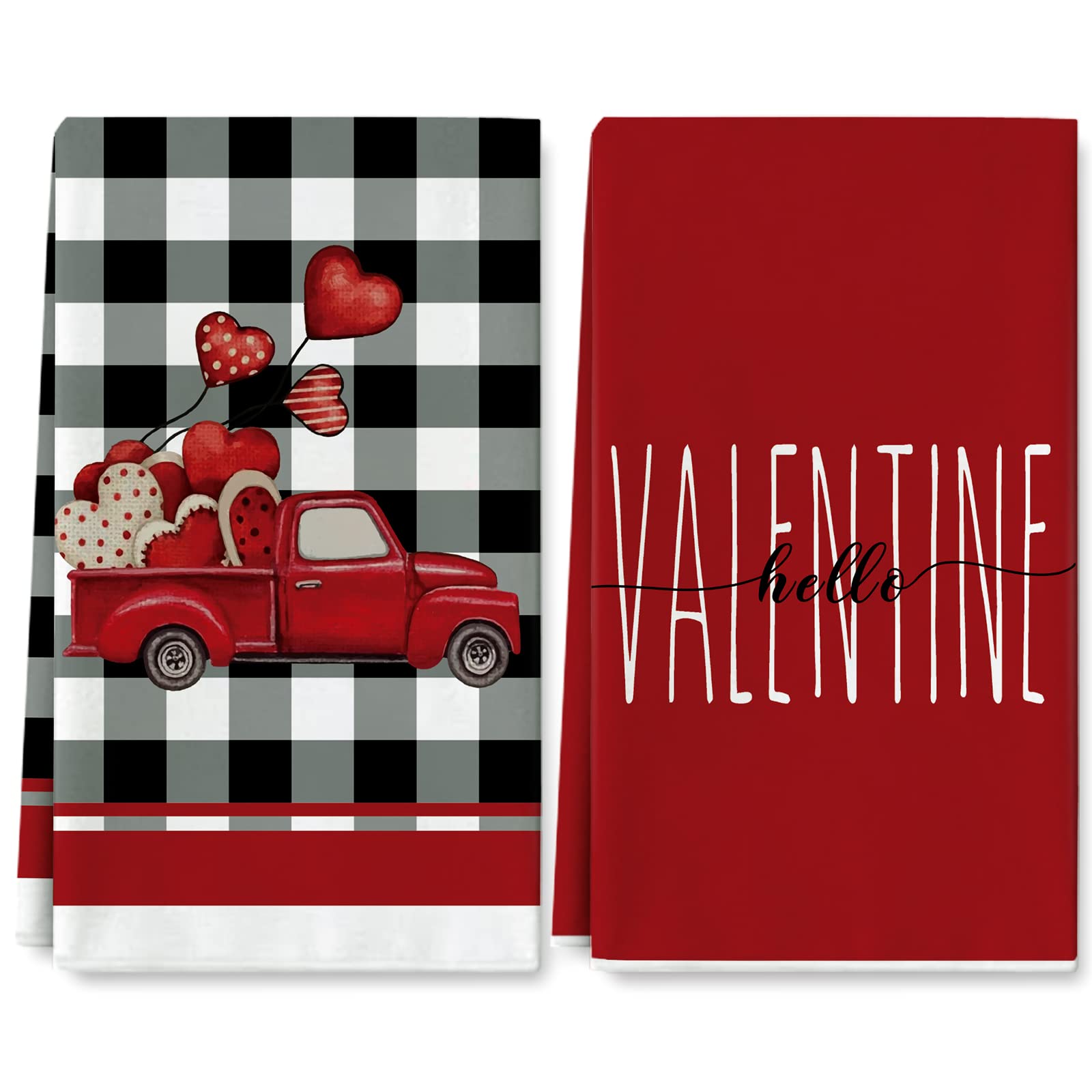 AnyDesign Valentine's Day Kitchen Towel 18 x 28 Love Truck Hearts Dish Towel Buffalo Plaid Hand Drying Towel Red Tea Towel for Wedding Anniversary Cooking Baking, Set of 2