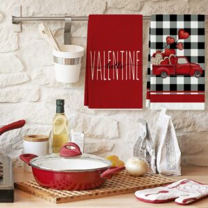 AnyDesign Valentine's Day Kitchen Towel 18 x 28 Love Truck Hearts Dish Towel Buffalo Plaid Hand Drying Towel Red Tea Towel for Wedding Anniversary Cooking Baking, Set of 2