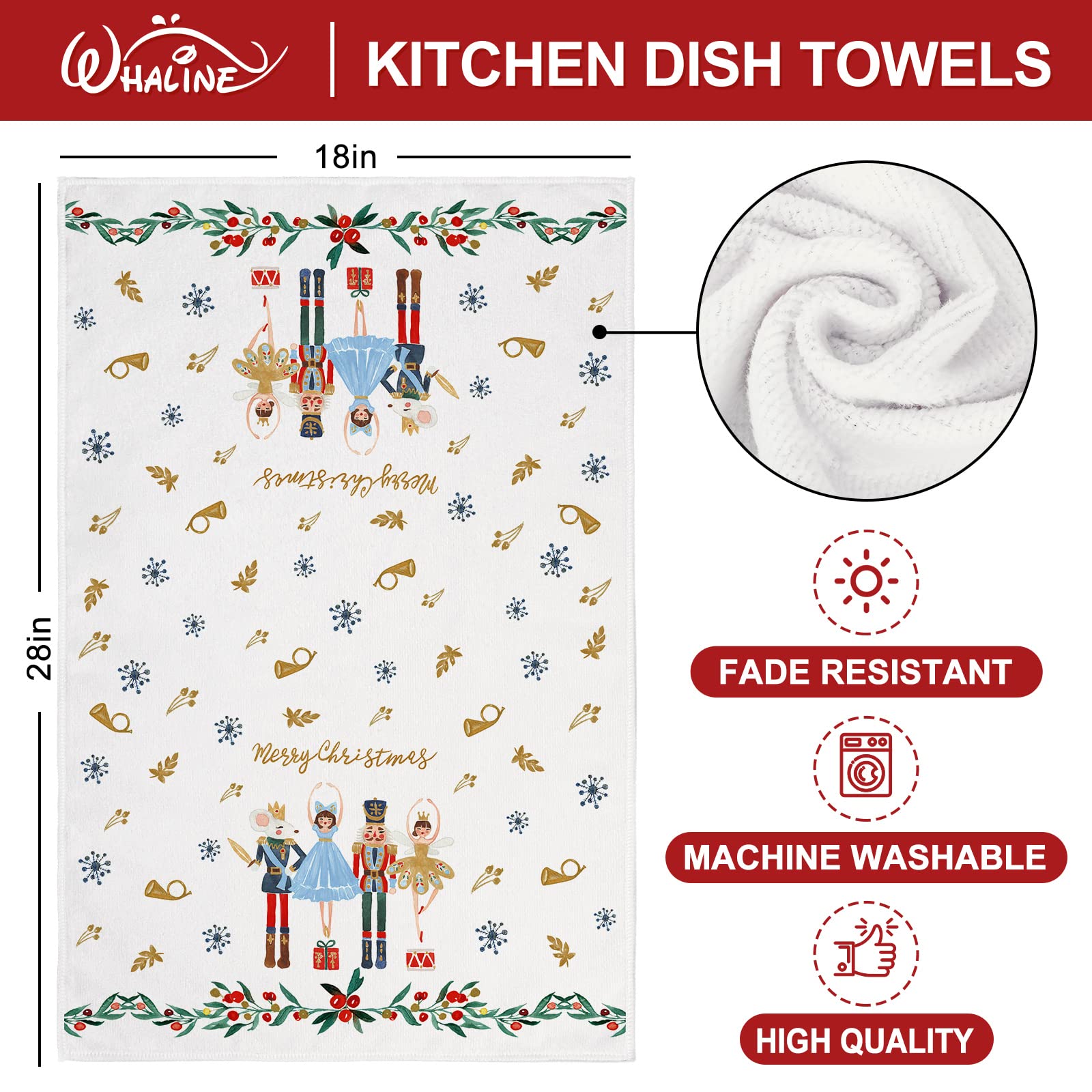 Whaline Christmas Nutcracker Kitchen Dish Towels 18 x 28 Inch Watercolor Xmas Soldier Dish Towel Merry Christmas Hand Drying Tea Towel for Seasonal Cooking Baking, 4 Pack