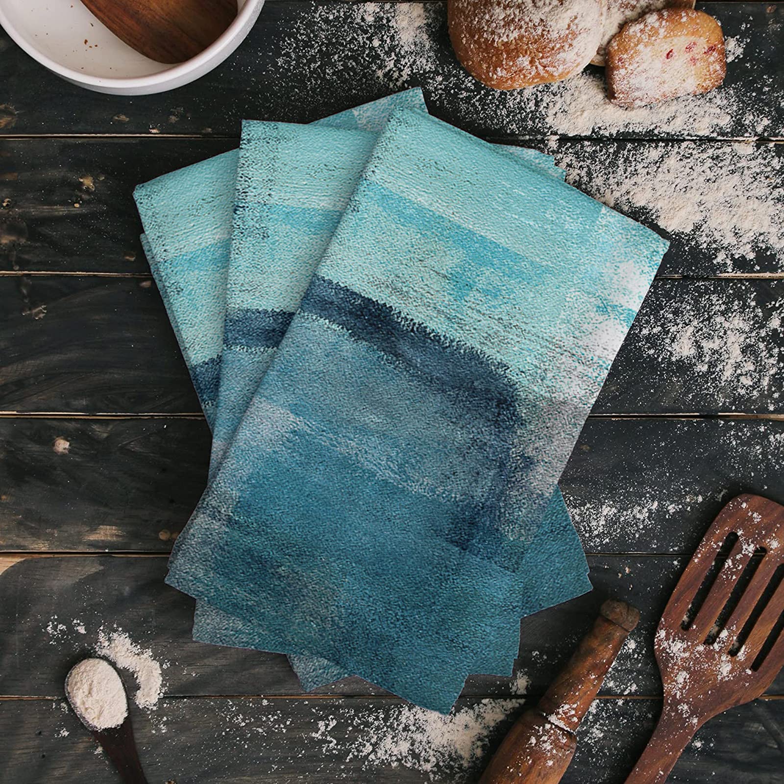 Kitchen Towels Abstract Paint Art Graffiti Lattice Tea Towel Microfiber Absorbent Washable Cyan Teal Turquoise Gray Soft Hand Dish Towel Cleaning Cloth for Kitchen Bathroom，18 x 28 Inch