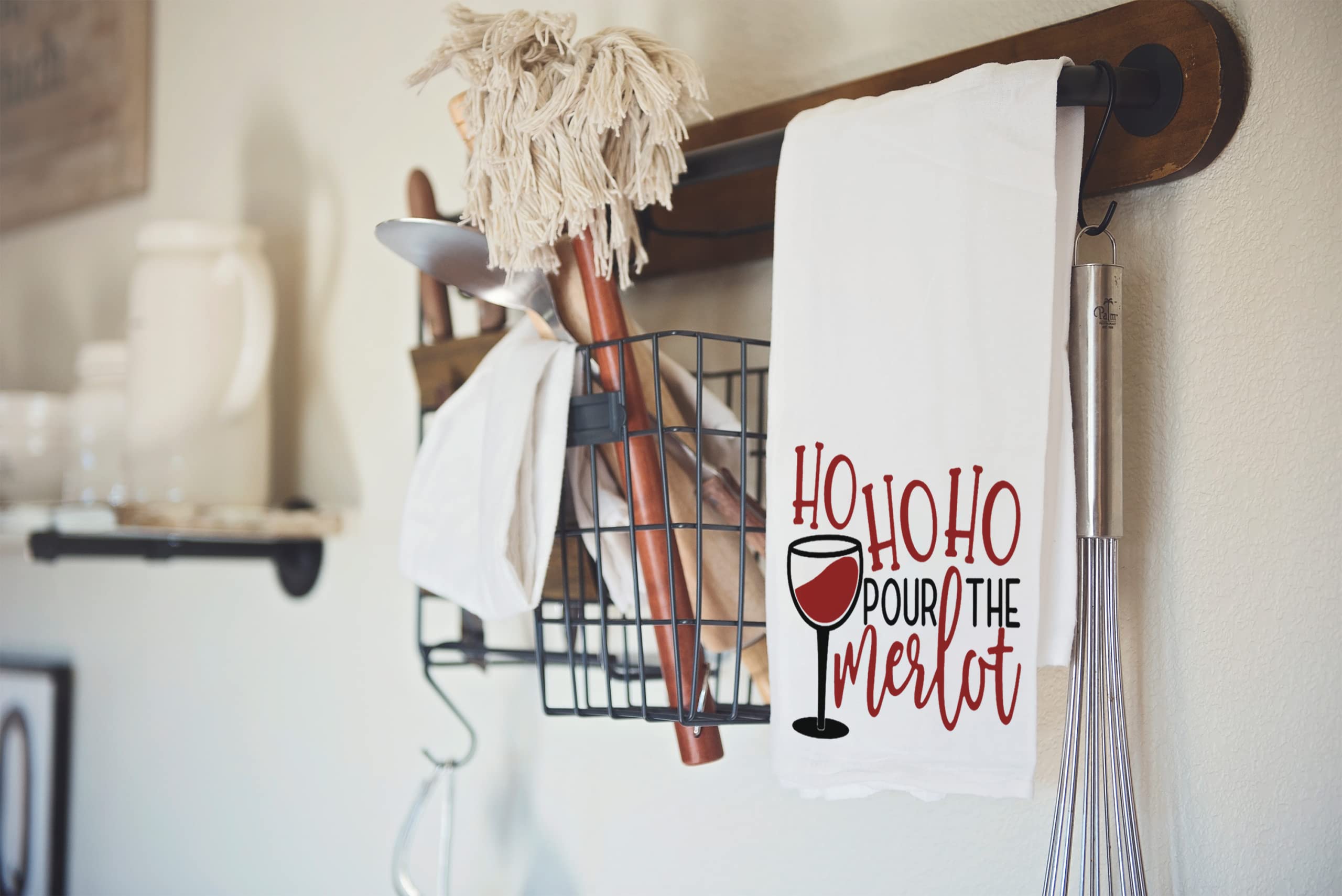 Handmade Funny Christmas Kitchen Towel - Ho Ho Ho Pour the Merlot - 28x28 Inch Perfect for Housewarming Christmas Hostess Gifts (Ho Ho Ho Pour the Merlot)