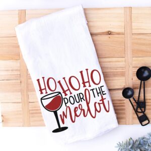 Handmade Funny Christmas Kitchen Towel - Ho Ho Ho Pour the Merlot - 28x28 Inch Perfect for Housewarming Christmas Hostess Gifts (Ho Ho Ho Pour the Merlot)