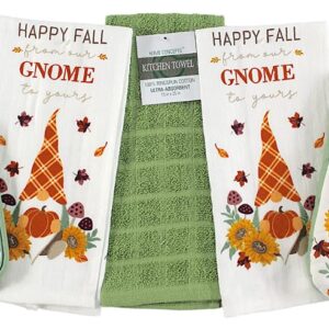 Fall Decor Kitchen Towels and Pot Holder Set: Garden Gnomes and Country Plaids with Autumn Sunflowers Welcome You from Our Gnome to Yours