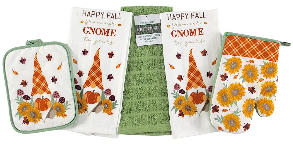 Fall Decor Kitchen Towels and Pot Holder Set: Garden Gnomes and Country Plaids with Autumn Sunflowers Welcome You from Our Gnome to Yours