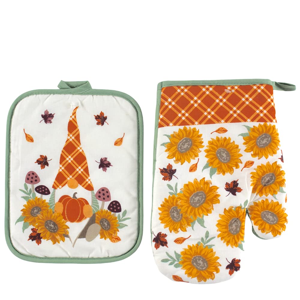 Fall Decor Kitchen Towels and Pot Holder Set: Garden Gnomes and Country Plaids with Autumn Sunflowers Welcome You from Our Gnome to Yours