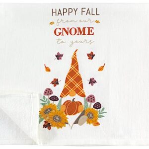 Fall Decor Kitchen Towels and Pot Holder Set: Garden Gnomes and Country Plaids with Autumn Sunflowers Welcome You from Our Gnome to Yours