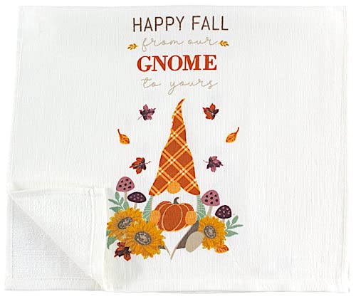 Fall Decor Kitchen Towels and Pot Holder Set: Garden Gnomes and Country Plaids with Autumn Sunflowers Welcome You from Our Gnome to Yours