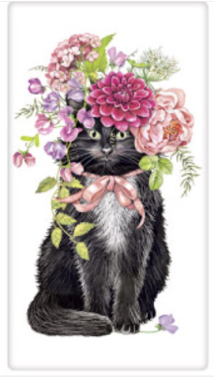 Mary Lake-Thompson BT690 Black Cat Flowers Flour Sack Towel 30 Inches Square Screened Design Lower Center Only