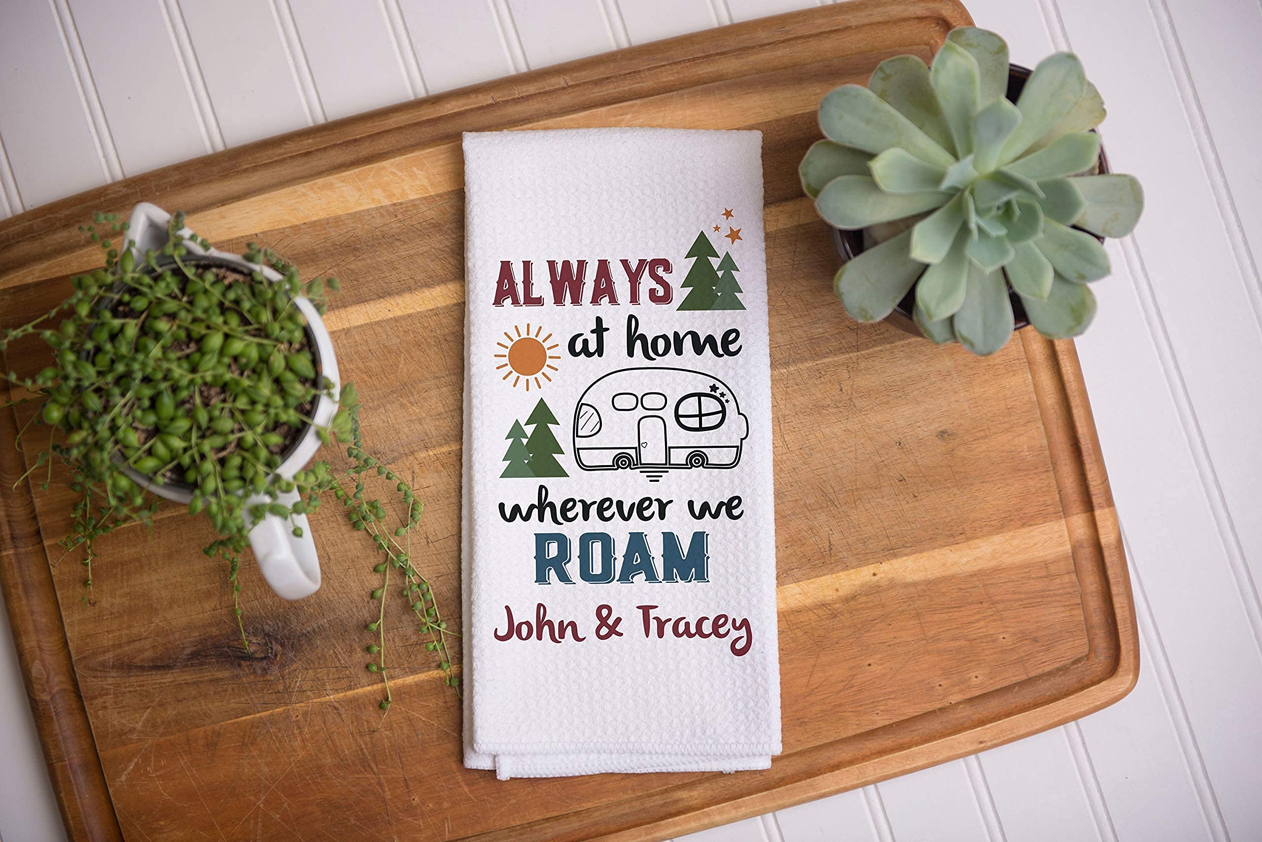 CANARY ROAD Personalized Wherever We Roam Waffle Weave Dish Towel | Personalized Kitchen Towel | Travel Trailer Gift | Camper Accessories | Personalized Dish Towel | Camper Decor