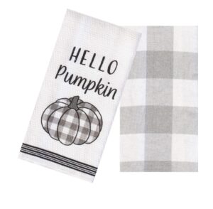 mainstream hello pumpkin kitchen hand towels, grey and white checked buffalo plaid, set of 2 coordinating cotton dishtowels for fall and thanksgiving decorating, 16 x 26 inches