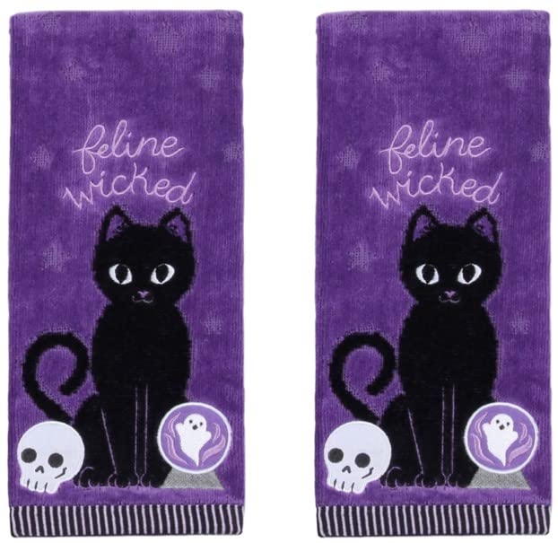 Celebrate Halloween Together 2-Pack Kitchen Bath Towels Black Cat Face