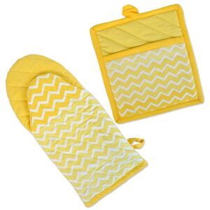 dii quilted kitchen oven mitt & potholder set, hanging loop for convenient storage, om 6x13/ph 8x9, ombre yellow chevron