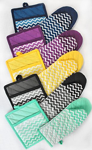 DII Quilted Kitchen Oven Mitt & Potholder Set, Hanging Loop for Convenient Storage, OM 6x13/PH 8x9, Ombre Yellow Chevron