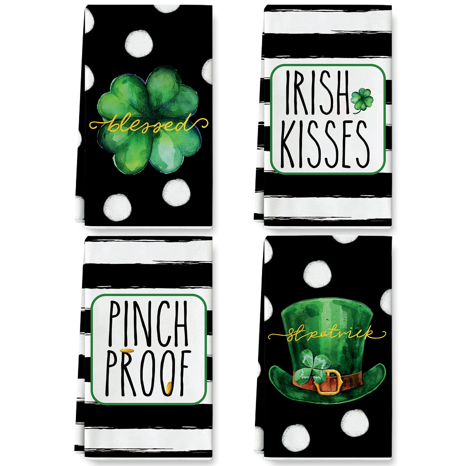 AnyDesign St. Patrick's Day Kitchen Towel Watercolor Shamrock Clover Dish Towel Set of 4 White Black Stripes Dots Hand Drying Tea Towel for Cooking Baking Cleaning Wipes, 18 x 28 Inch