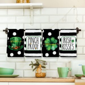 AnyDesign St. Patrick's Day Kitchen Towel Watercolor Shamrock Clover Dish Towel Set of 4 White Black Stripes Dots Hand Drying Tea Towel for Cooking Baking Cleaning Wipes, 18 x 28 Inch