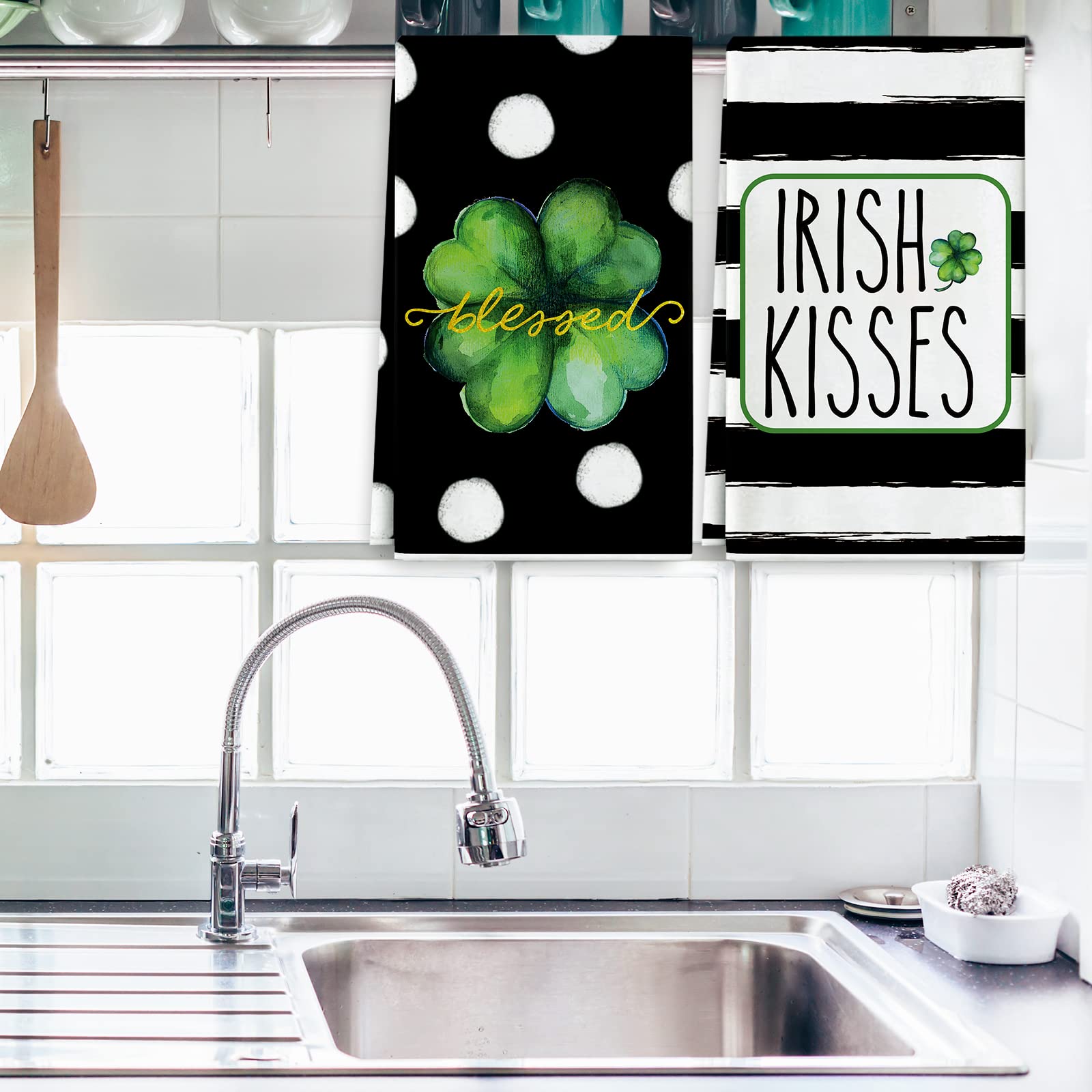 AnyDesign St. Patrick's Day Kitchen Towel Watercolor Shamrock Clover Dish Towel Set of 4 White Black Stripes Dots Hand Drying Tea Towel for Cooking Baking Cleaning Wipes, 18 x 28 Inch