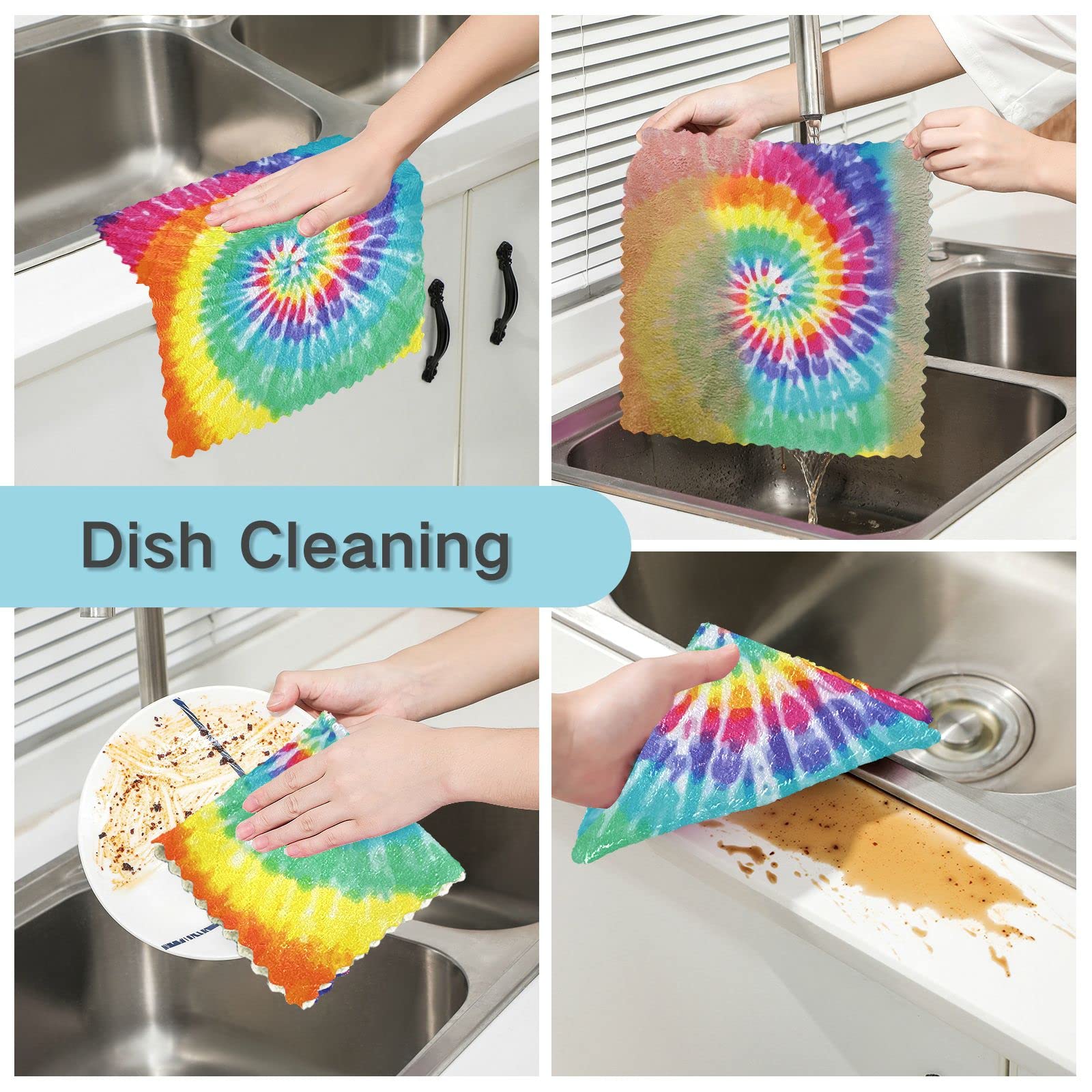 CaTaKu Tie Dye Rainbow Kitchen Dish Cloths, Reusable Dish Rags for Washing Dishes, Microfiber Cleaning Cloths Dish Towels Washcloths for Kitchen Drying, 6 Pack