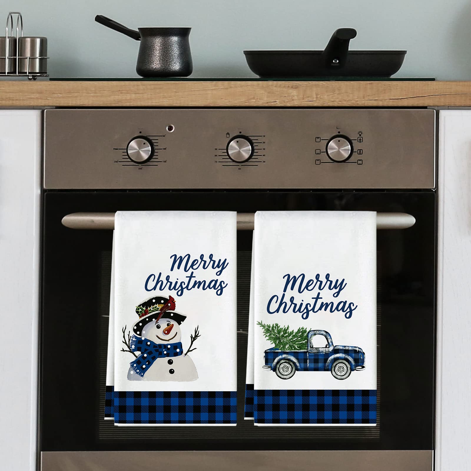 AnyDesign 4 Pack Merry Christmas Kitchen Towel 18 x 28 Inch Blue Black Buffalo Plaids Dish Towel Snowman Truck Xmas Tree Tea Towel Rustic Hand Drying Towel for Cooking Baking