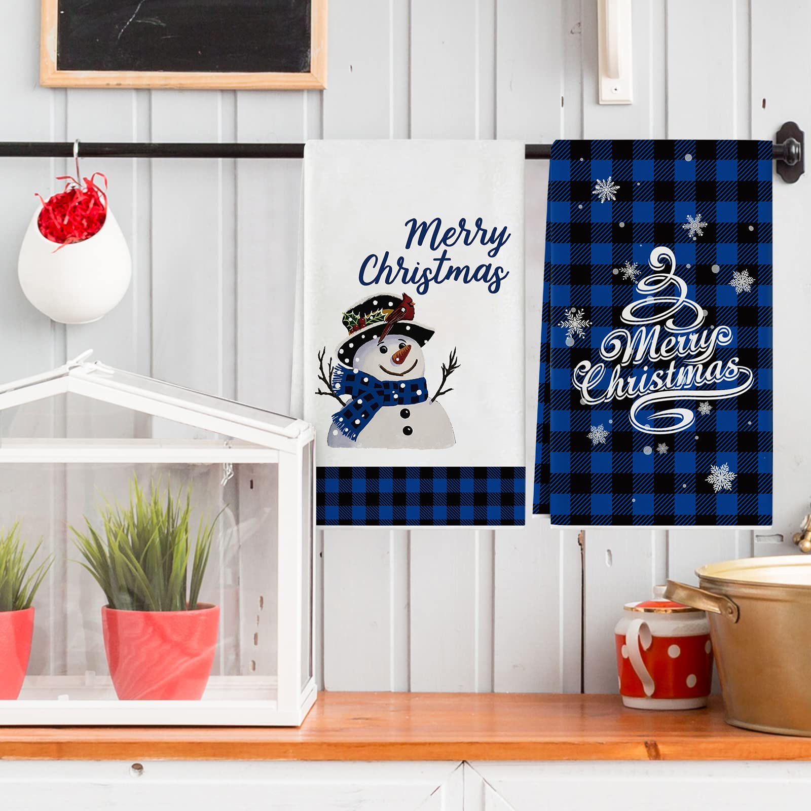 AnyDesign 4 Pack Merry Christmas Kitchen Towel 18 x 28 Inch Blue Black Buffalo Plaids Dish Towel Snowman Truck Xmas Tree Tea Towel Rustic Hand Drying Towel for Cooking Baking