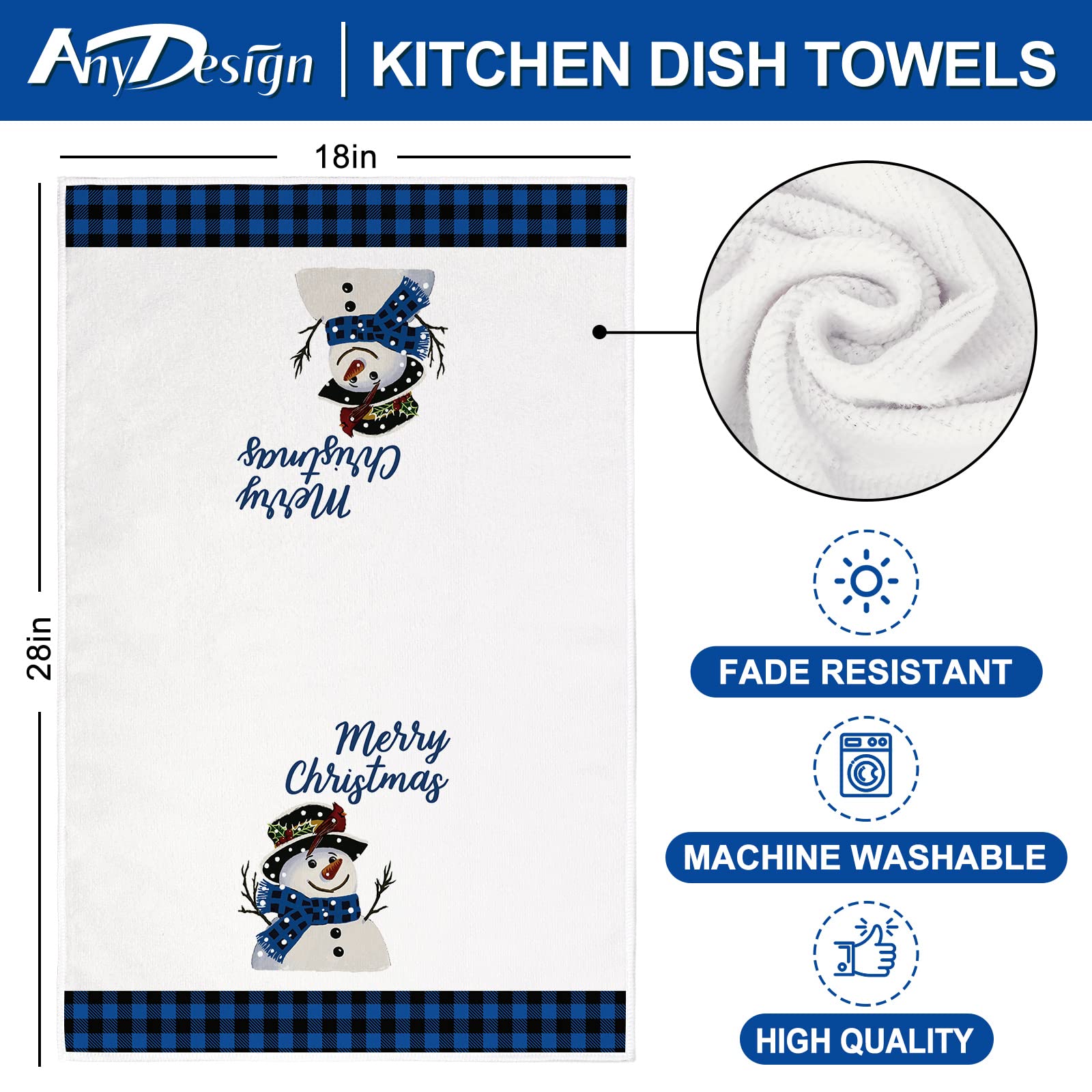 AnyDesign 4 Pack Merry Christmas Kitchen Towel 18 x 28 Inch Blue Black Buffalo Plaids Dish Towel Snowman Truck Xmas Tree Tea Towel Rustic Hand Drying Towel for Cooking Baking