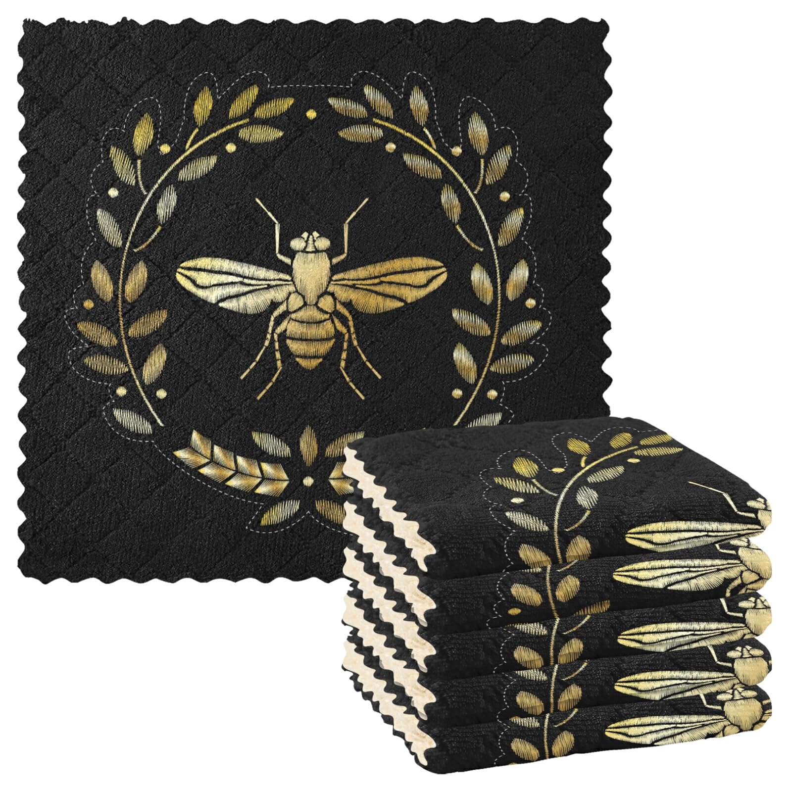 Embroidery Heraldry with Yellow Gold Bee Golden Bee on Black Dark 6 Set Kitchen Dish Towels, Washcloths Cleaning Cloths Dish Cloths, Absorbent Towels Lint Free Bar Tea Soft Waffle Towel 11"x11"