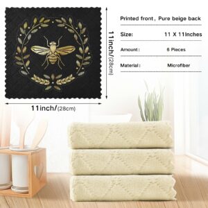 Embroidery Heraldry with Yellow Gold Bee Golden Bee on Black Dark 6 Set Kitchen Dish Towels, Washcloths Cleaning Cloths Dish Cloths, Absorbent Towels Lint Free Bar Tea Soft Waffle Towel 11"x11"