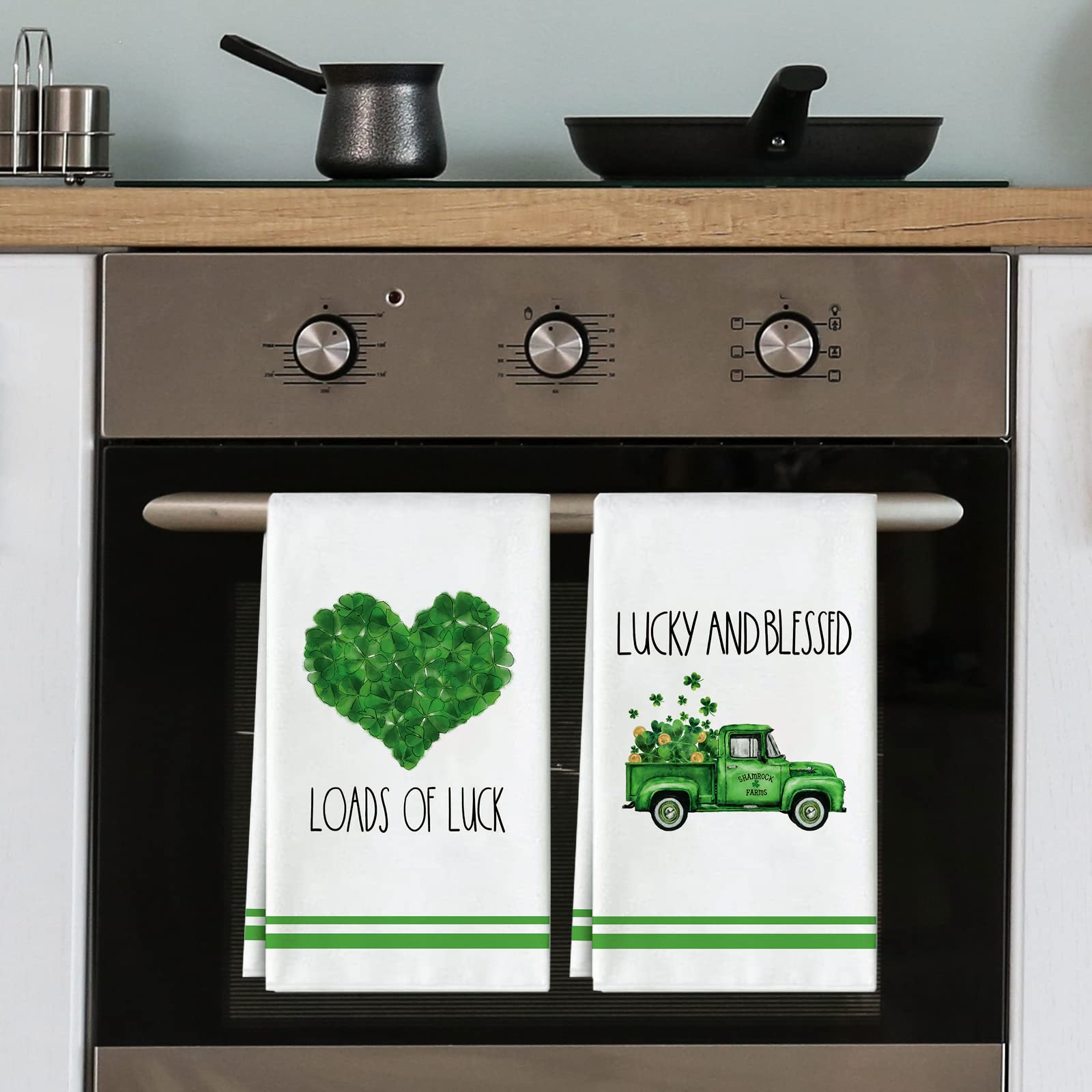 AnyDesign St. Patrick's Day Kitchen Towel Green Heart Truck Irish Dish Towel Lucky and Blessed Hand Drying Tea Towel for Cooking Baking Cleaning Wipes, 18 x 28 Inch, Set of 2