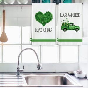 AnyDesign St. Patrick's Day Kitchen Towel Green Heart Truck Irish Dish Towel Lucky and Blessed Hand Drying Tea Towel for Cooking Baking Cleaning Wipes, 18 x 28 Inch, Set of 2