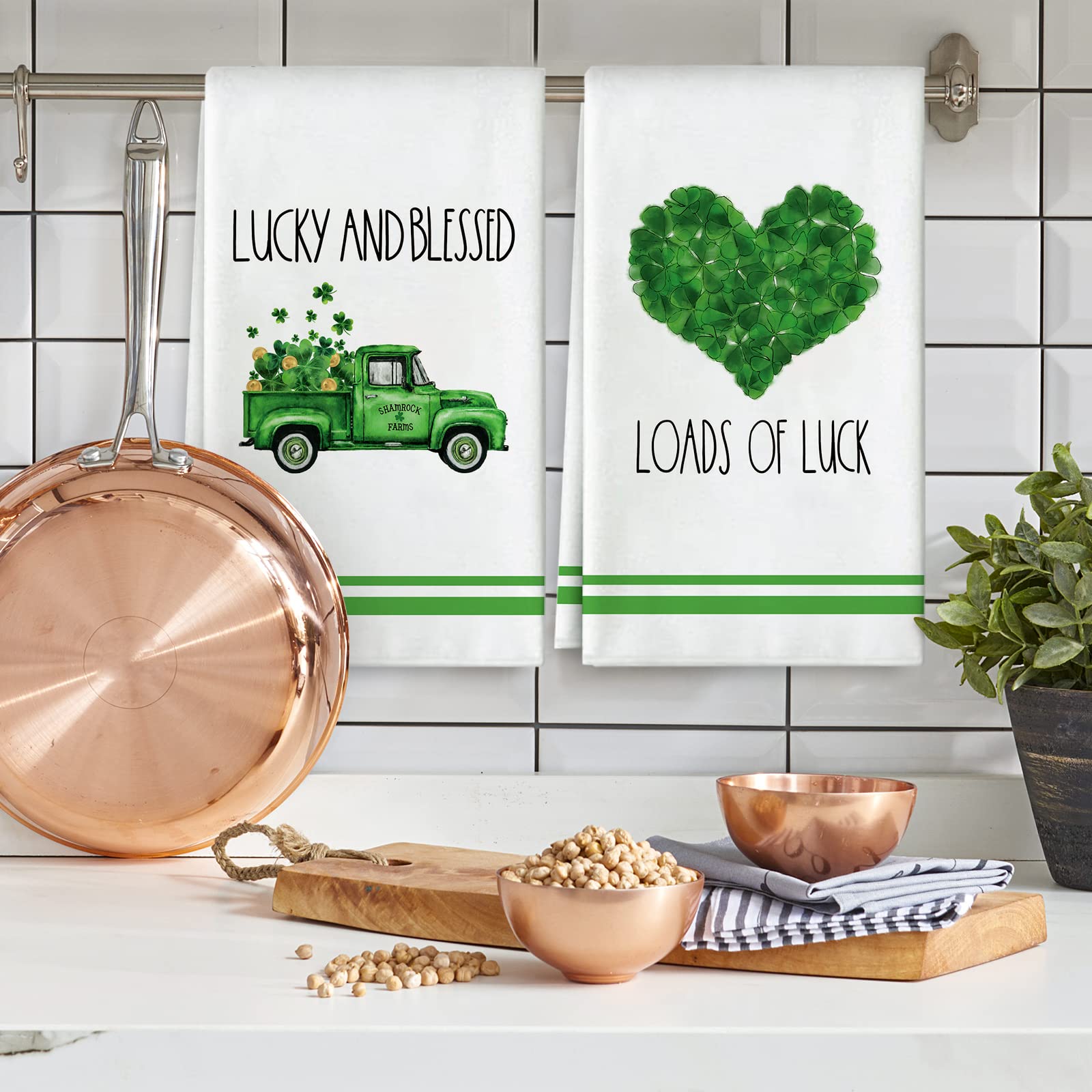 AnyDesign St. Patrick's Day Kitchen Towel Green Heart Truck Irish Dish Towel Lucky and Blessed Hand Drying Tea Towel for Cooking Baking Cleaning Wipes, 18 x 28 Inch, Set of 2