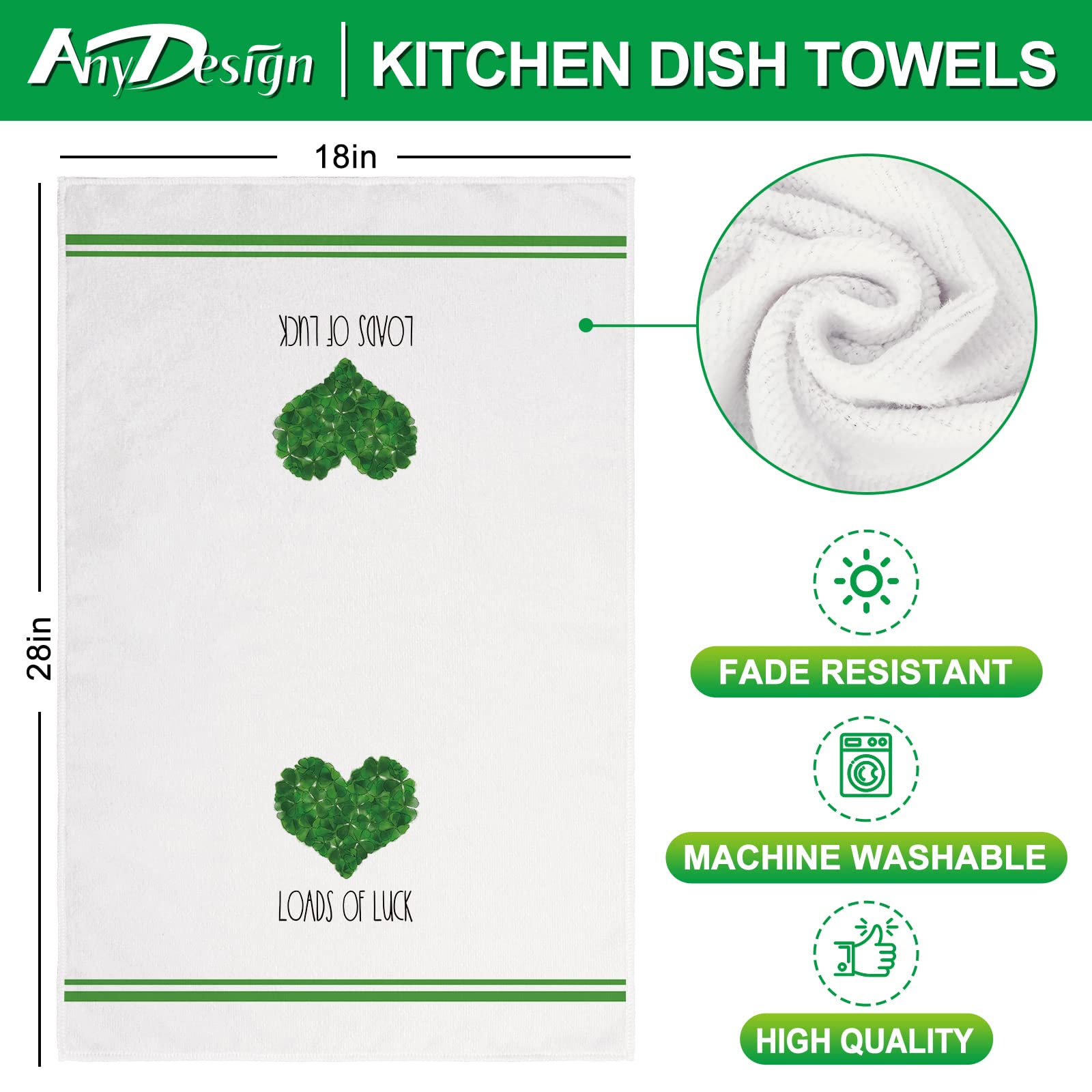 AnyDesign St. Patrick's Day Kitchen Towel Green Heart Truck Irish Dish Towel Lucky and Blessed Hand Drying Tea Towel for Cooking Baking Cleaning Wipes, 18 x 28 Inch, Set of 2