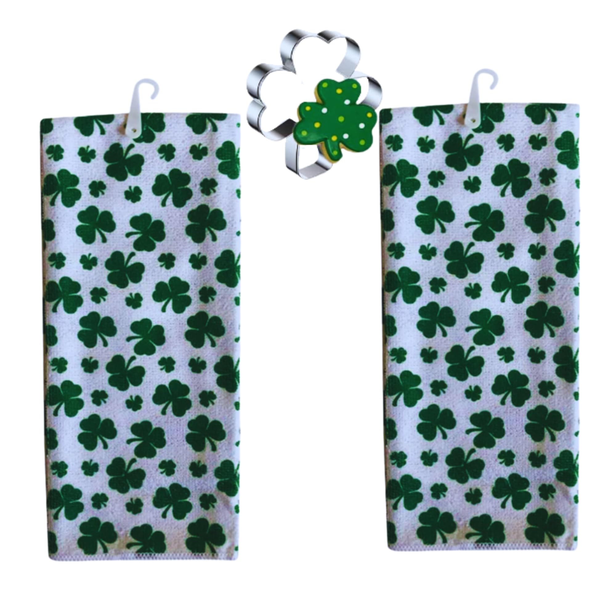 Ja'cor St Patricks Day Shamrocks Kitchen Towels Set of 2, White Green Shamrock Decor Accessories Irish Dish Linen Dishcloths Towel Decorations with 1Pc-Saint Patrick's Large Cookie Cutters