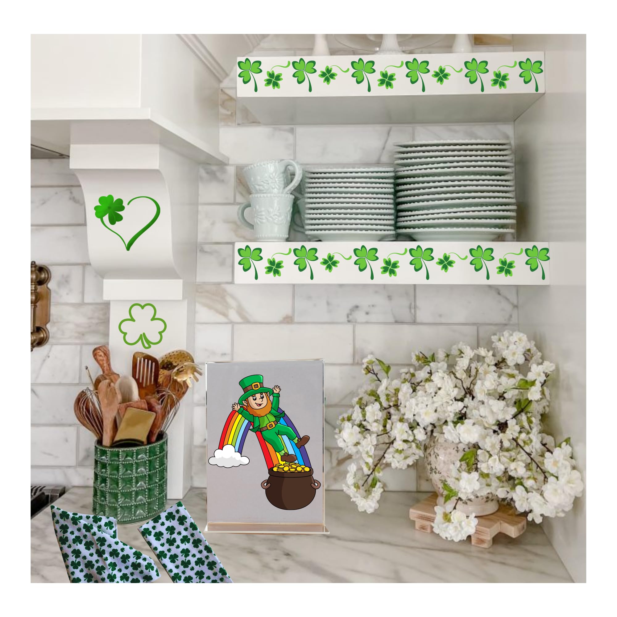 Ja'cor St Patricks Day Shamrocks Kitchen Towels Set of 2, White Green Shamrock Decor Accessories Irish Dish Linen Dishcloths Towel Decorations with 1Pc-Saint Patrick's Large Cookie Cutters