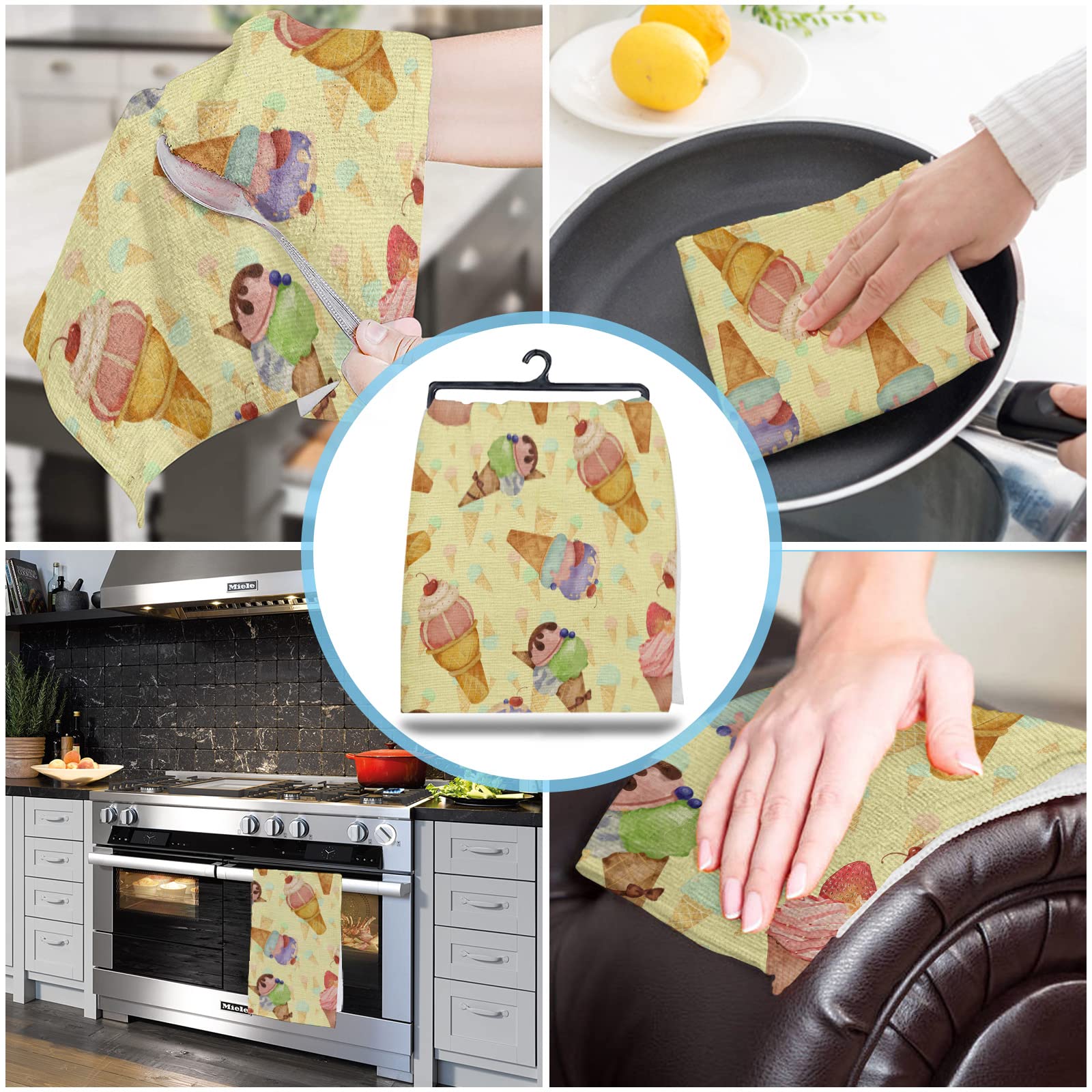 Microfiber Kitchen Towels Cute Ice Cream Super Absorbent Dish Towels for Kitchen/Bathroom Decorative and Bar Towels Soft Resuable Dish Towels Cloths Washable Fast Drying Tropcial Summer Theme