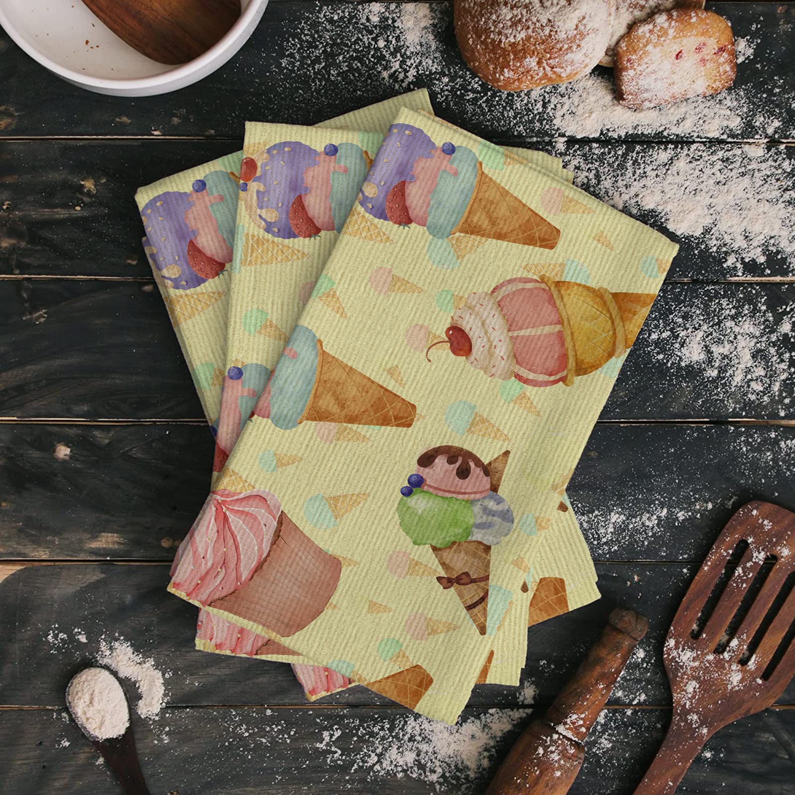 Microfiber Kitchen Towels Cute Ice Cream Super Absorbent Dish Towels for Kitchen/Bathroom Decorative and Bar Towels Soft Resuable Dish Towels Cloths Washable Fast Drying Tropcial Summer Theme