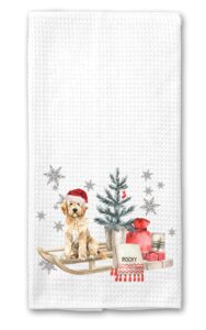 studio 9thirty3 personalized christmas dog on a sled kitchen waffle towel, breeds d-p, dog lover, housewarming, hostess, personalized gift (white, doodle golden)