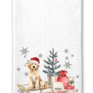 Studio 9Thirty3 Personalized Christmas Dog on a Sled Kitchen Waffle Towel, Breeds D-P, Dog Lover, Housewarming, Hostess, Personalized Gift (White, Doodle Golden)