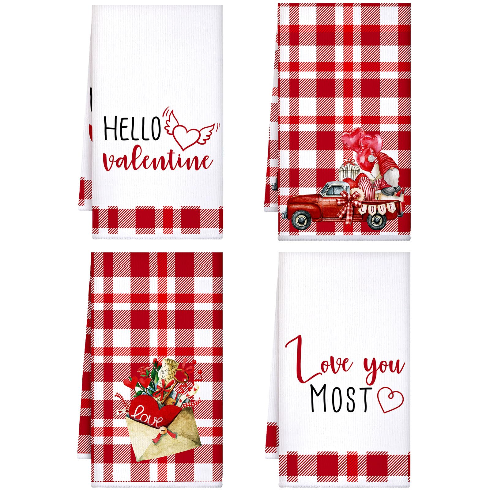 4 Pcs Valentines Day Kitchen Towels Hand Dish Towels Red Valentines Day Decor Love Envelope Truck Fingertip Towels Absorbent Microfiber Cloths for Bathroom Guest Anniversary Wedding 16 x 23.6 Inch