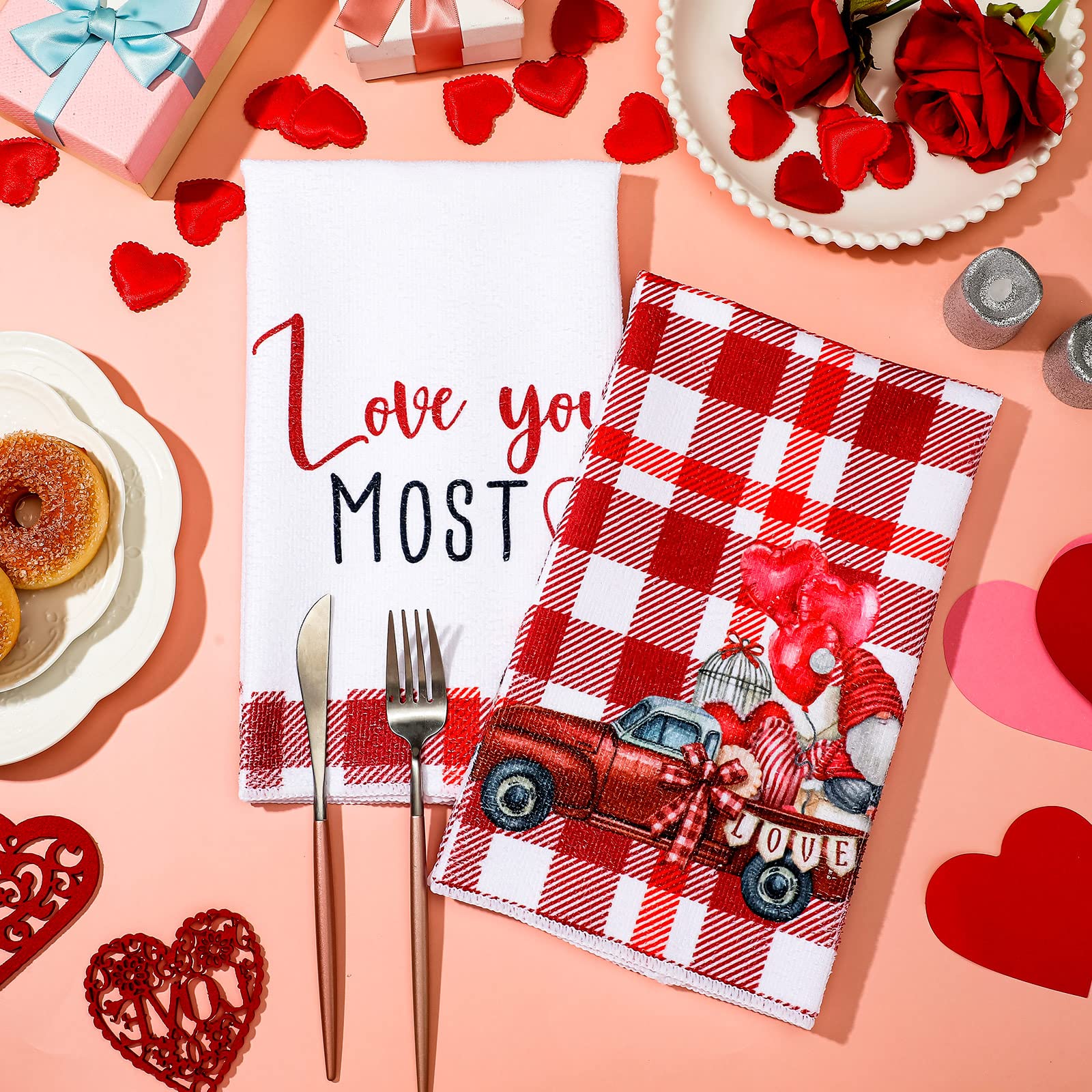 4 Pcs Valentines Day Kitchen Towels Hand Dish Towels Red Valentines Day Decor Love Envelope Truck Fingertip Towels Absorbent Microfiber Cloths for Bathroom Guest Anniversary Wedding 16 x 23.6 Inch