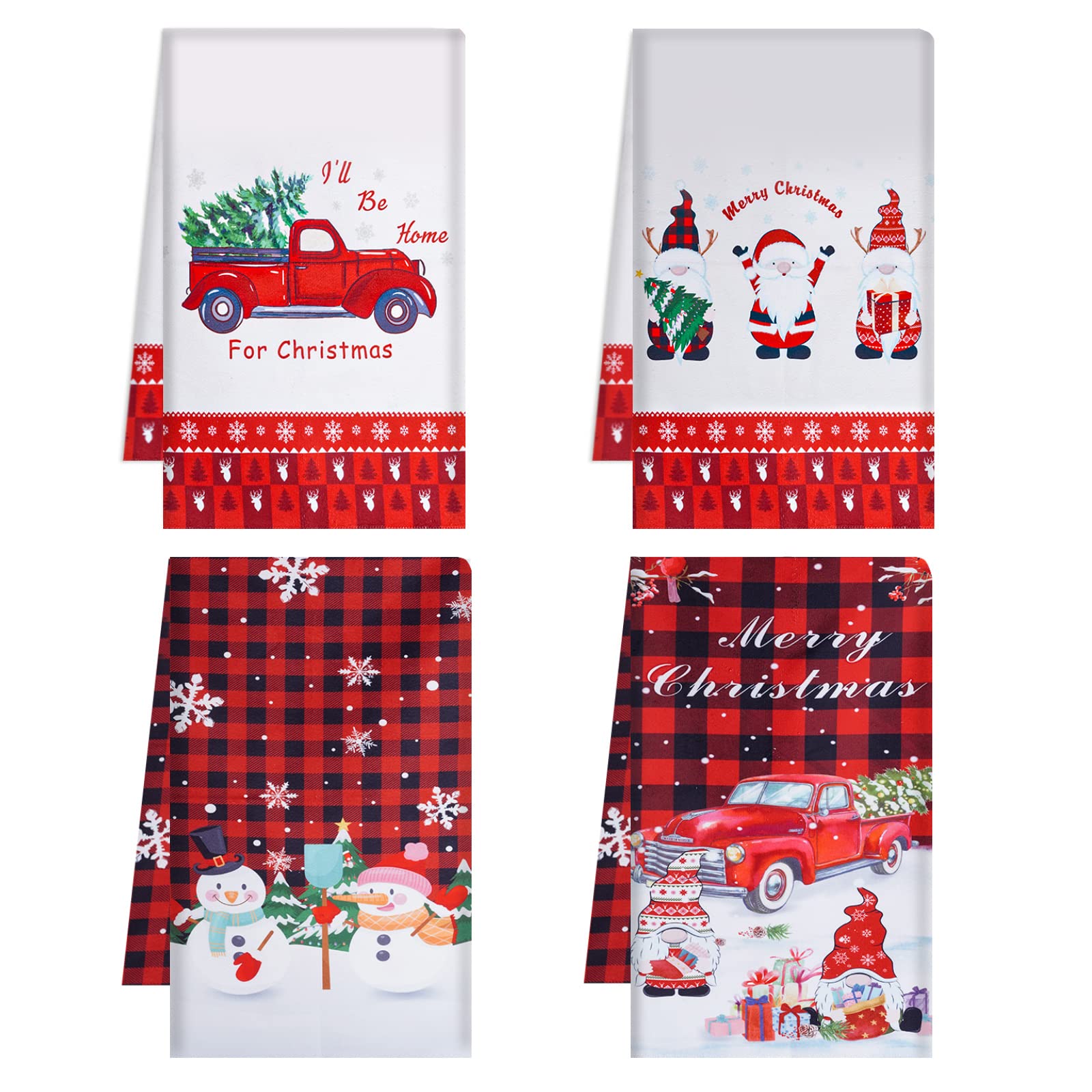 hoyuwak 4Pcs Christmas Kitchen Towels, Merry Christmas Hand Towels Bathroom Decor Soft Bufflo Plaid Snowmen Gnomes Dish Towels for Winter Holiday(24 x 16inch)