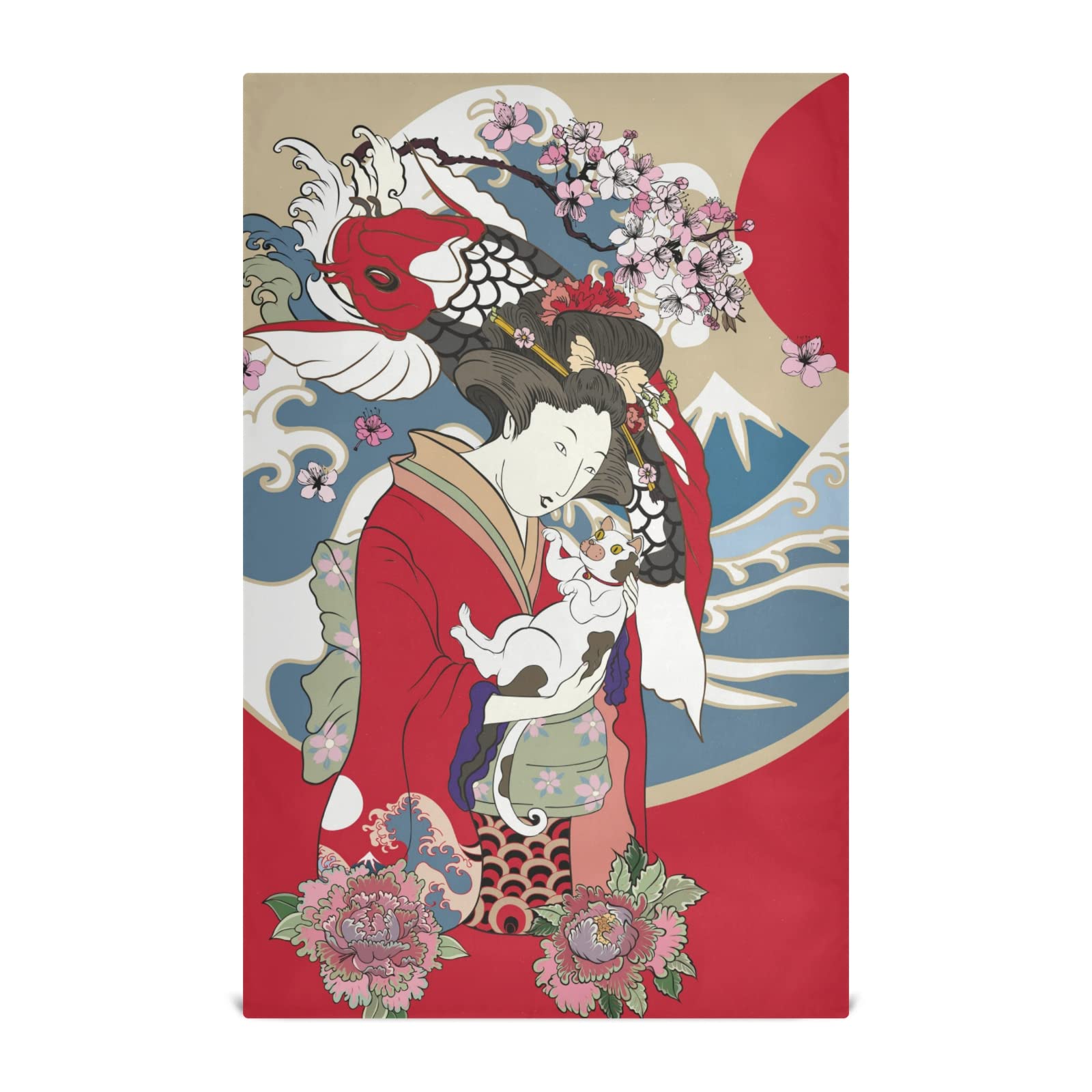 ALAZA Japanese Wave Geisha Flower Kitchen Towels Dish Bar Tea Towel Dishcloths 1 Pack Super Absorbent Soft 18 x 28 inches