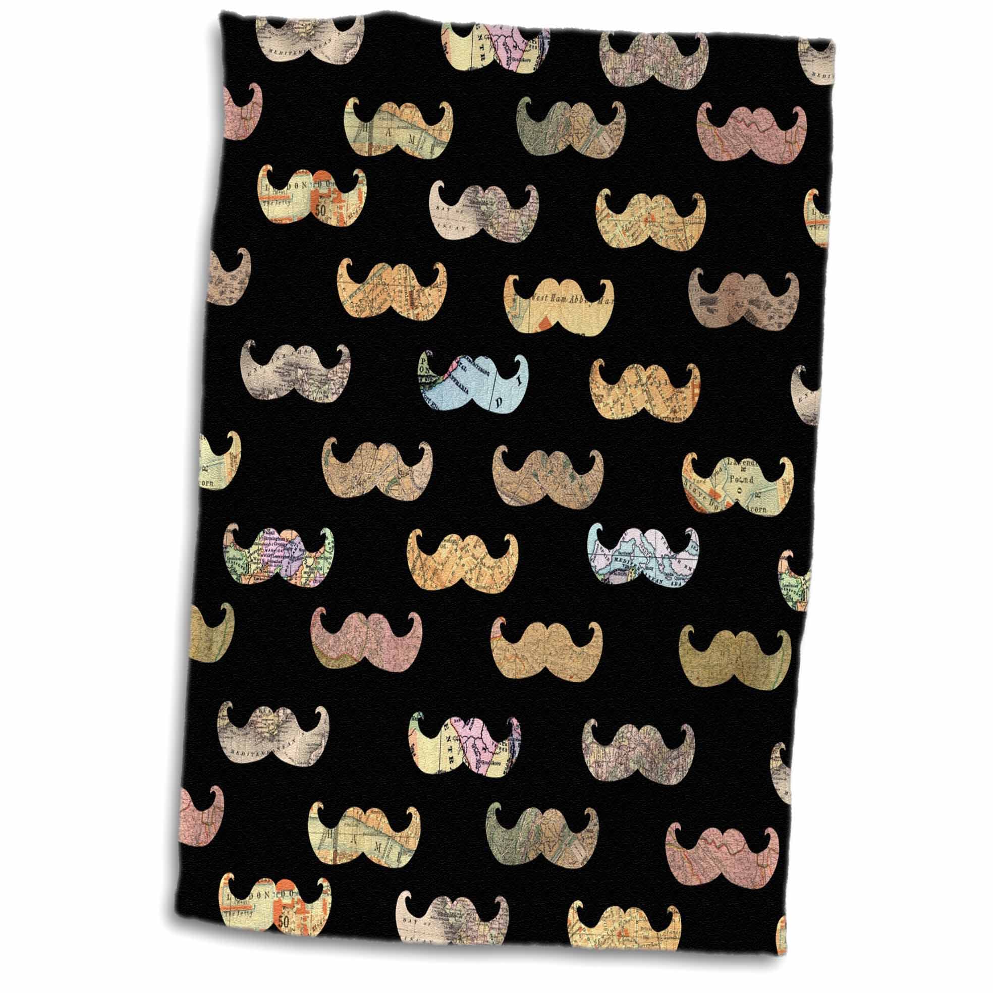 3D Rose Pattern On Black-Mustaches Made of Vintage Maps-Cool Beige Brown Travel Moustache Hand/Sports Towel, 15 x 22