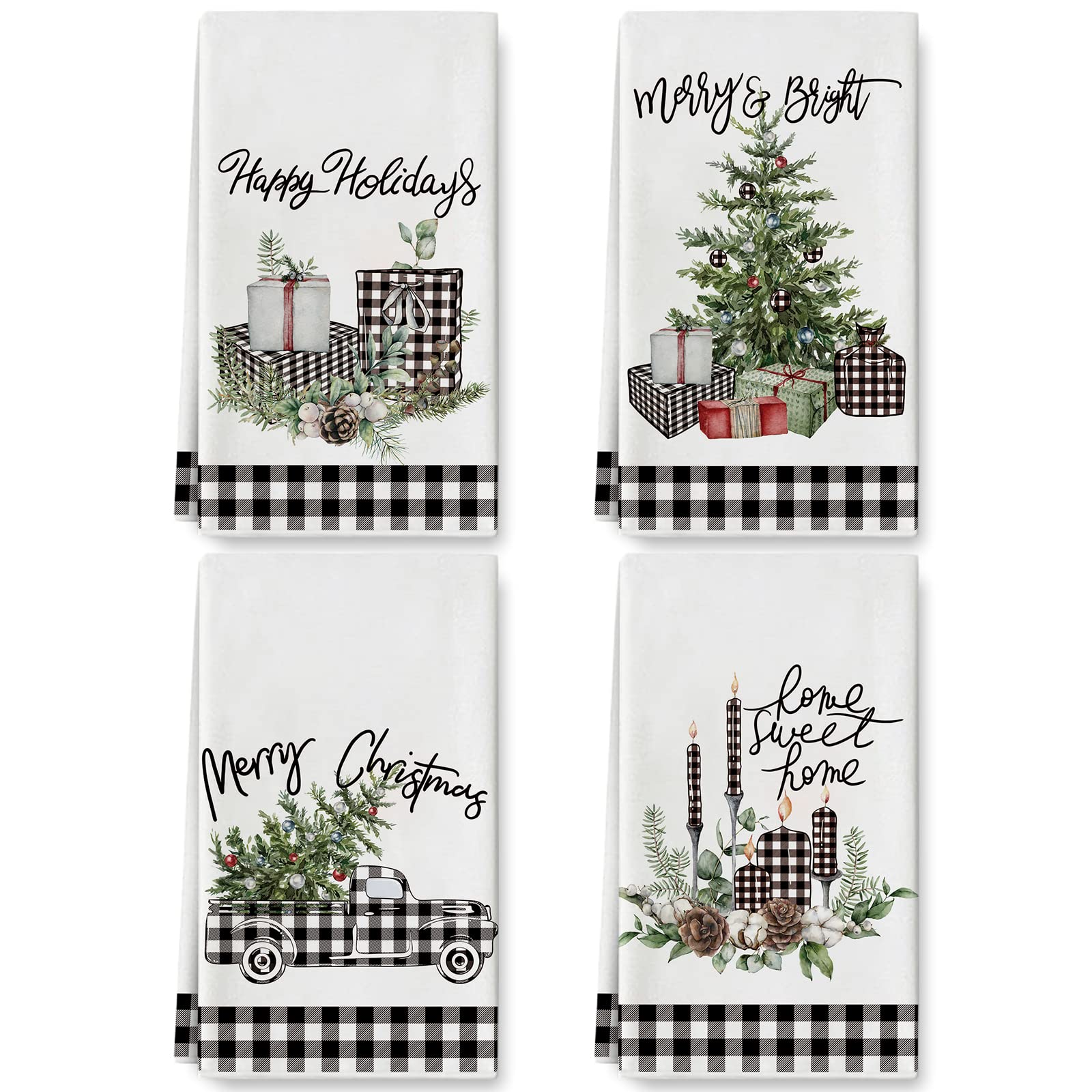 Whaline Christmas Kitchen Towel Xmas Tree Truck Gift Box Dish Towel Watercolor White Black Buffalo Plaids Hand Drying Tea Towel for Cooking Baking, 4 Pack, 18 x 28 Inch