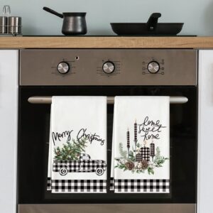 Whaline Christmas Kitchen Towel Xmas Tree Truck Gift Box Dish Towel Watercolor White Black Buffalo Plaids Hand Drying Tea Towel for Cooking Baking, 4 Pack, 18 x 28 Inch