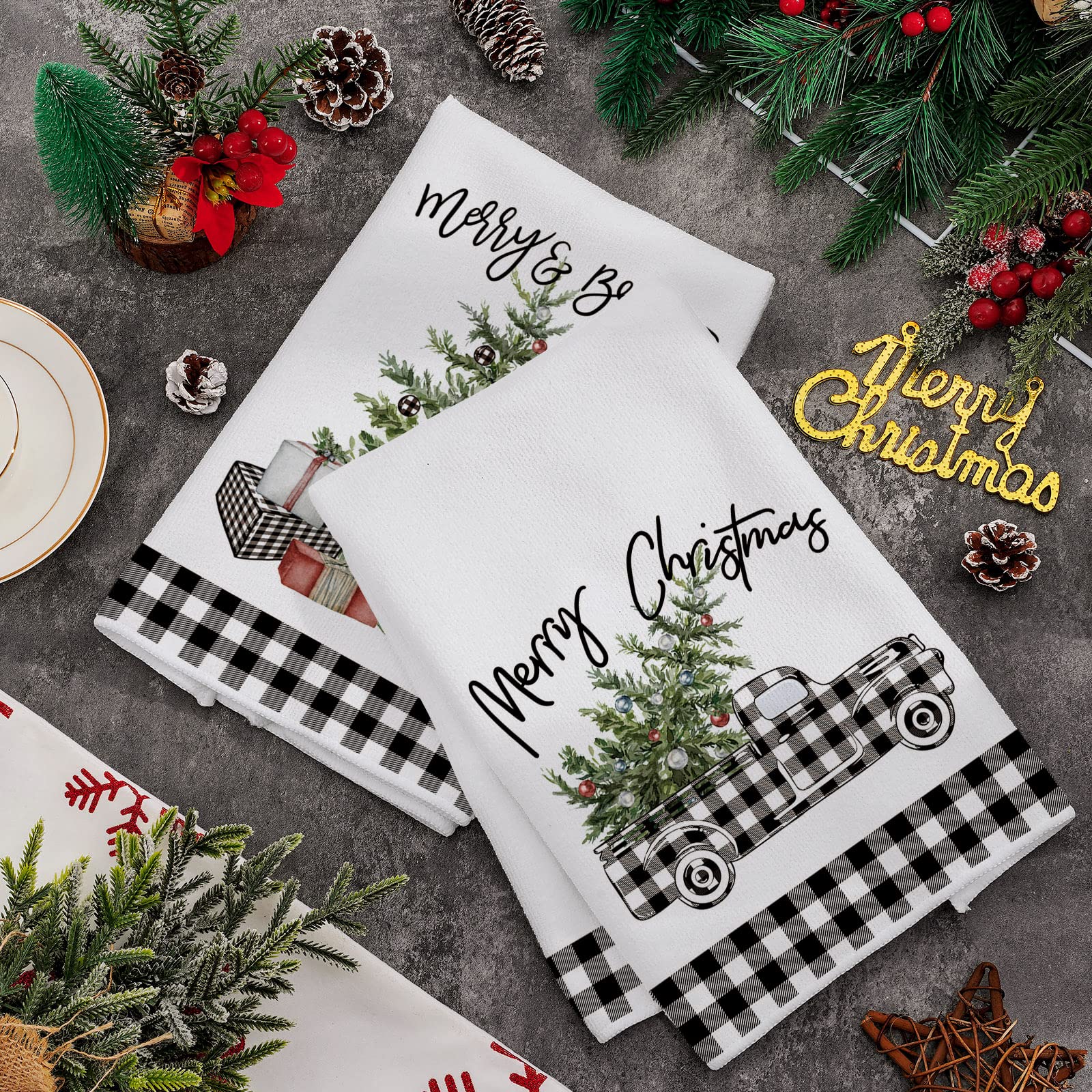 Whaline Christmas Kitchen Towel Xmas Tree Truck Gift Box Dish Towel Watercolor White Black Buffalo Plaids Hand Drying Tea Towel for Cooking Baking, 4 Pack, 18 x 28 Inch